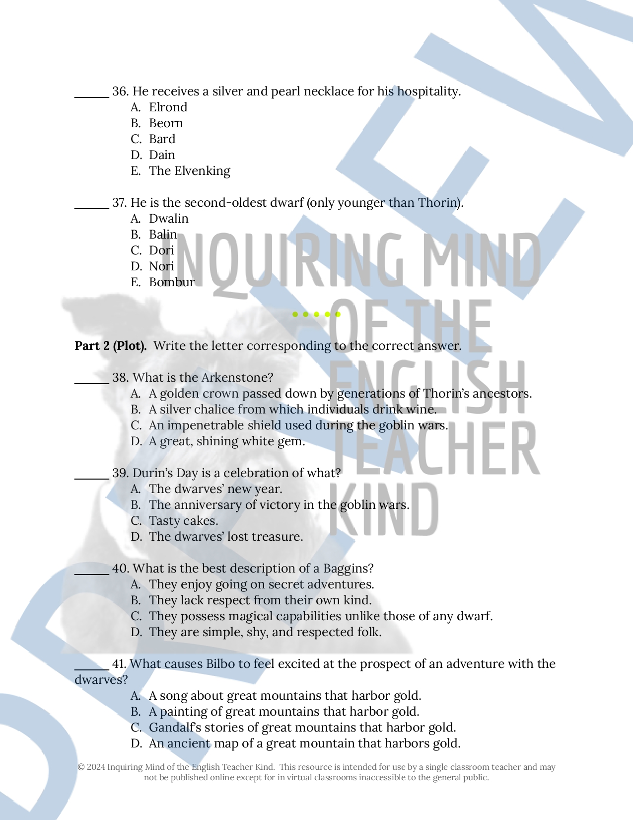 The Hobbit Test, Answer Key, and Standards-Based Essay Scoring Rubric ...