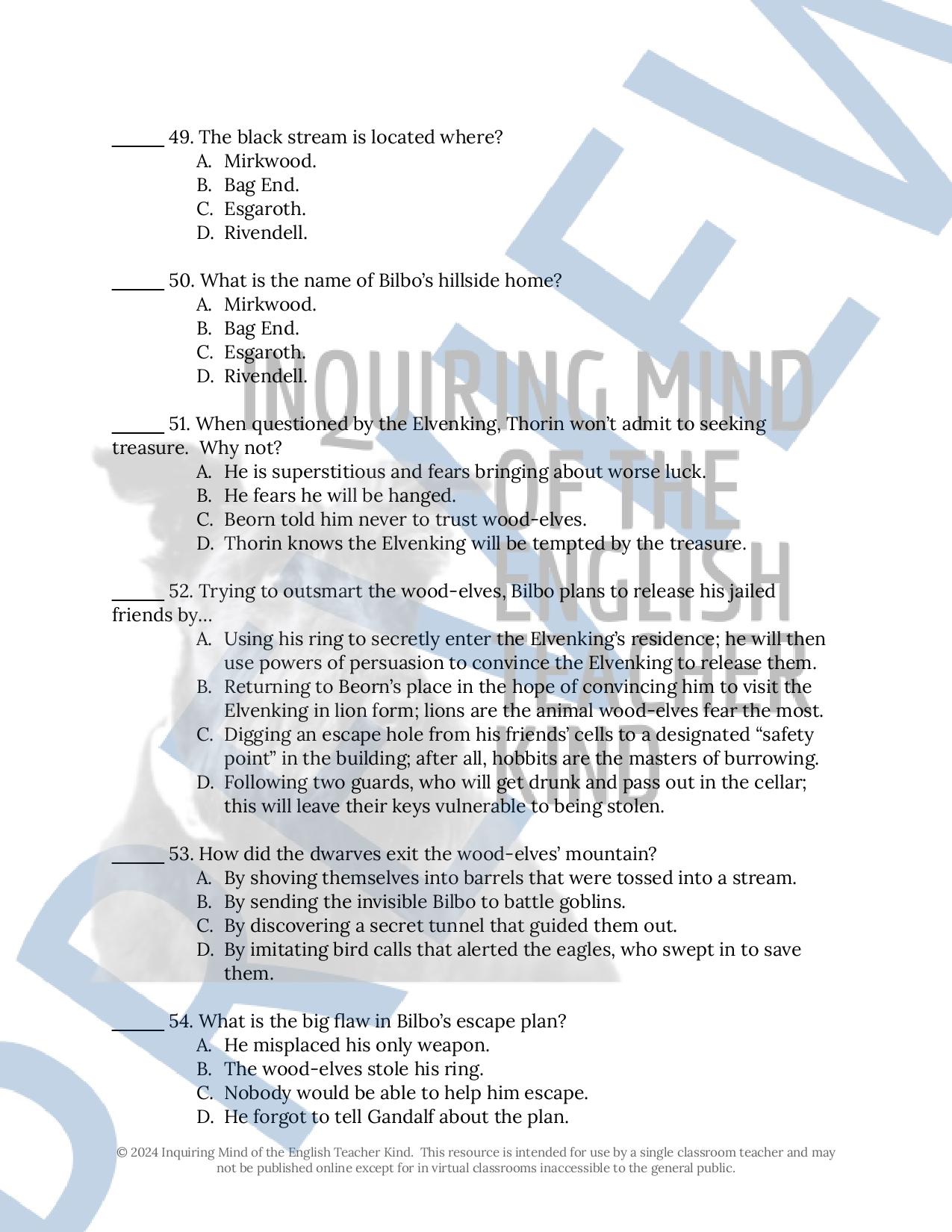 The Hobbit Test, Answer Key, and Standards-Based Essay Scoring Rubric ...