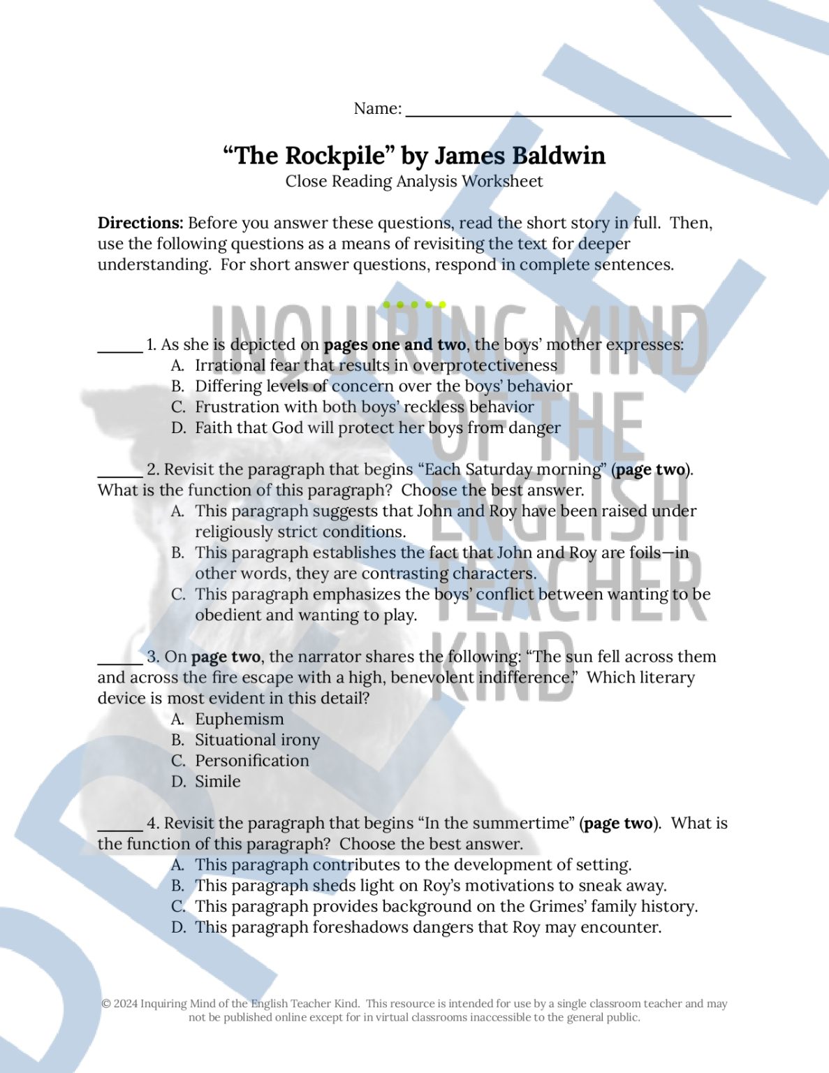 "The Rockpile" by James Baldwin Close Reading Analysis Worksheet for ...