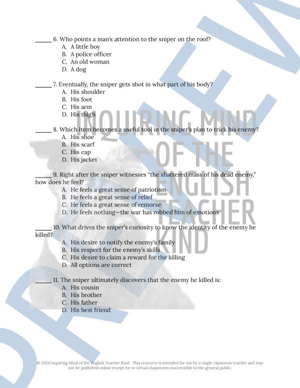 "The Sniper" by Liam O'Flaherty Quiz and Answer Key for High School ...