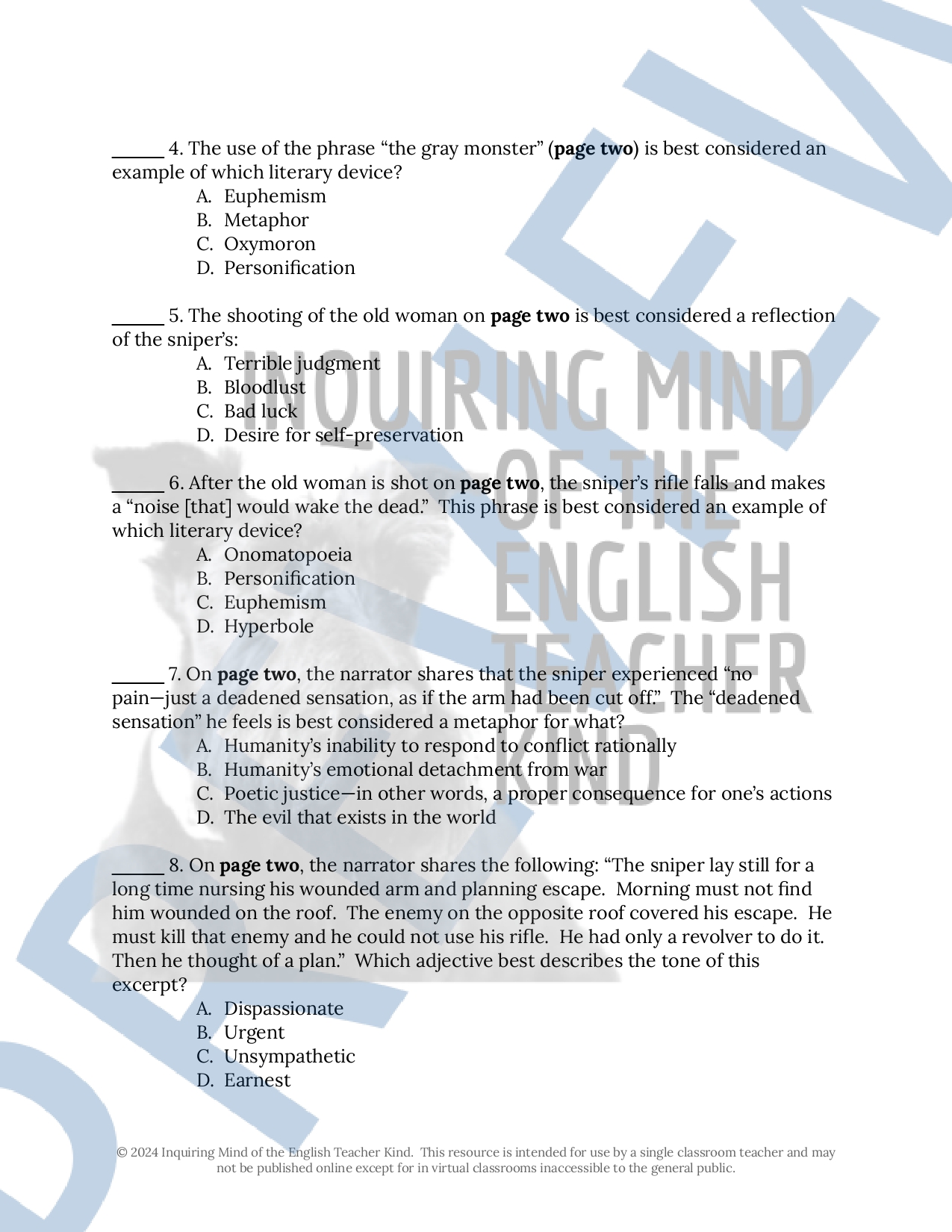 "The Sniper" by Liam O'Flaherty Quiz, Close Reading, and Vocabulary ...