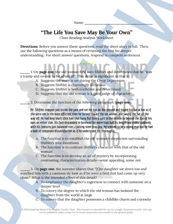 "The Life You Save May Be Your Own" by Flannery O'Connor Close Reading ...