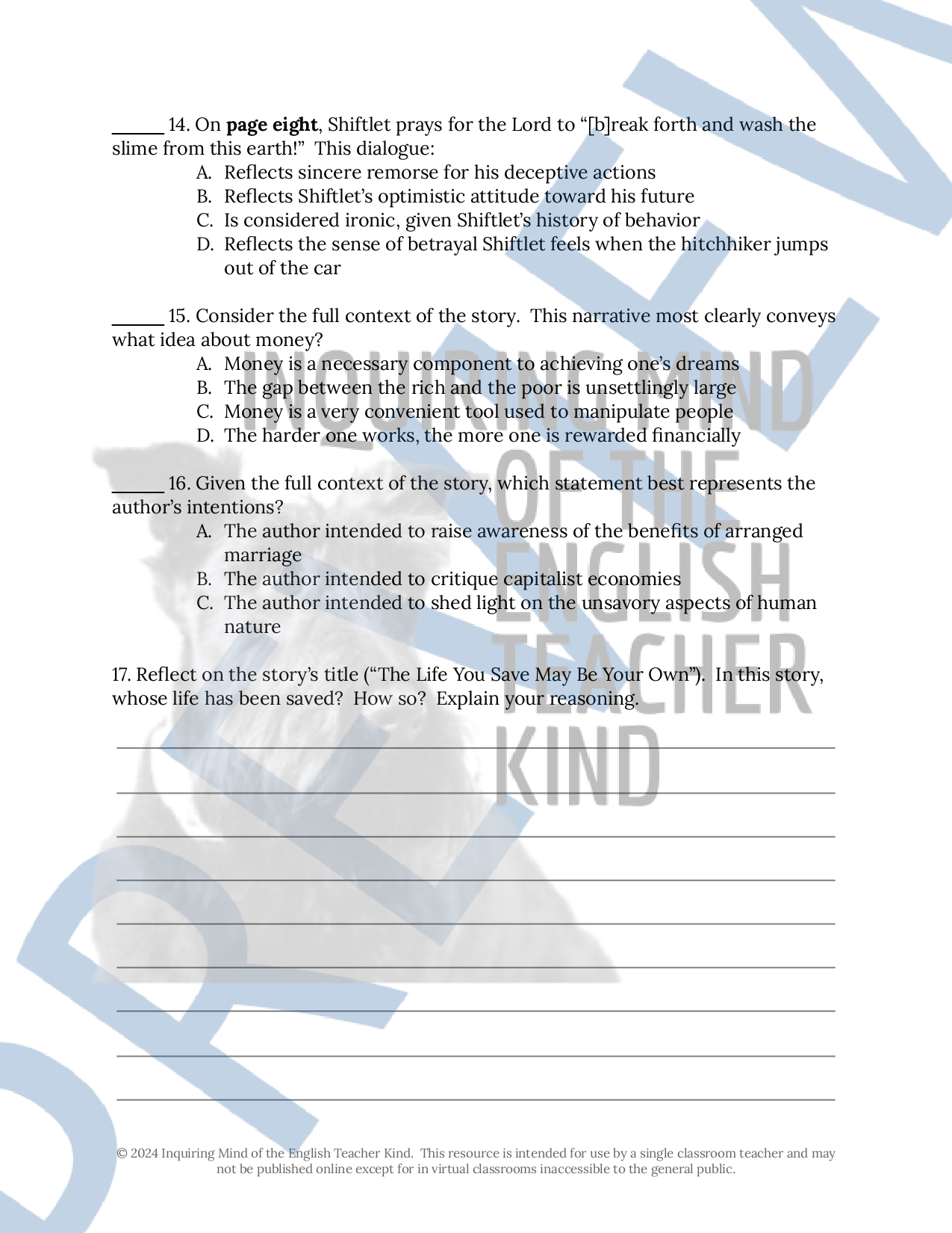 "The Life You Save May Be Your Own" Quiz, Close Reading, and Vocabulary ...