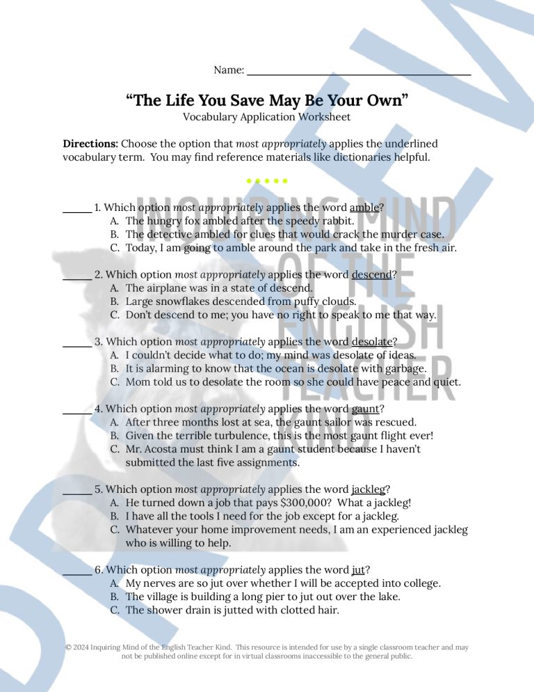 "The Life You Save May Be Your Own" Quiz, Close Reading, and Vocabulary ...