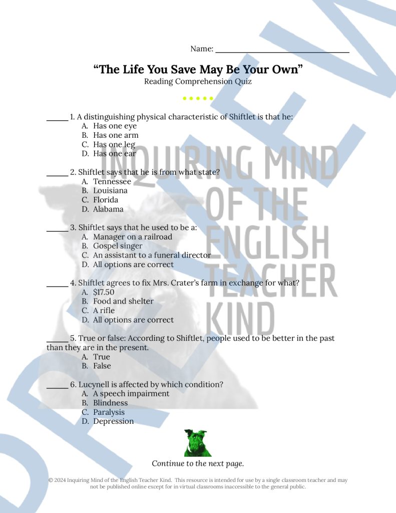 "The Life You Save May Be Your Own" Quiz, Close Reading, and Vocabulary ...
