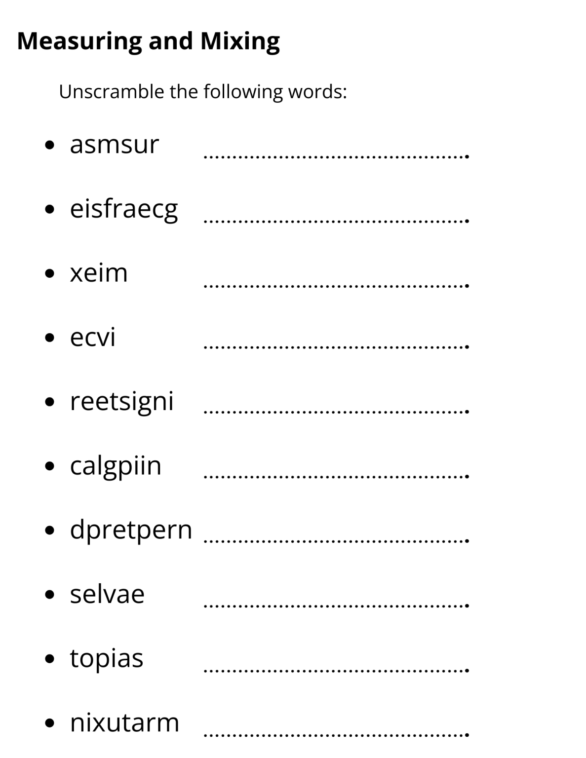 printable basic cooking terms unscramble worksheet answer key | Made By ...