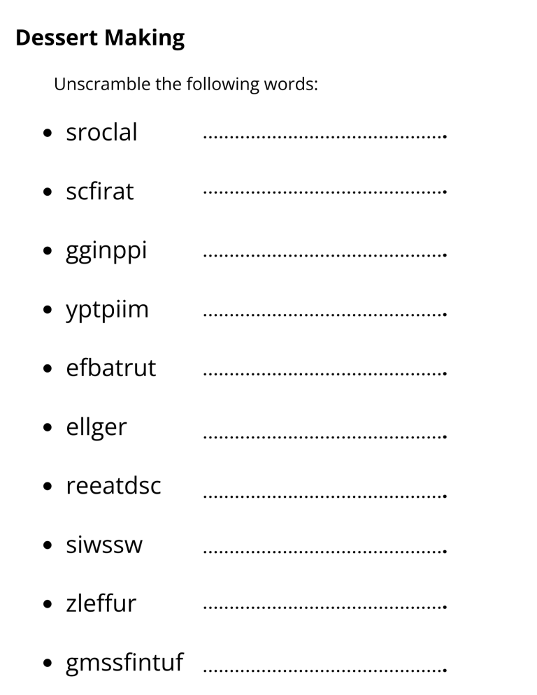 printable basic cooking terms unscramble worksheet answer key - Made By ...