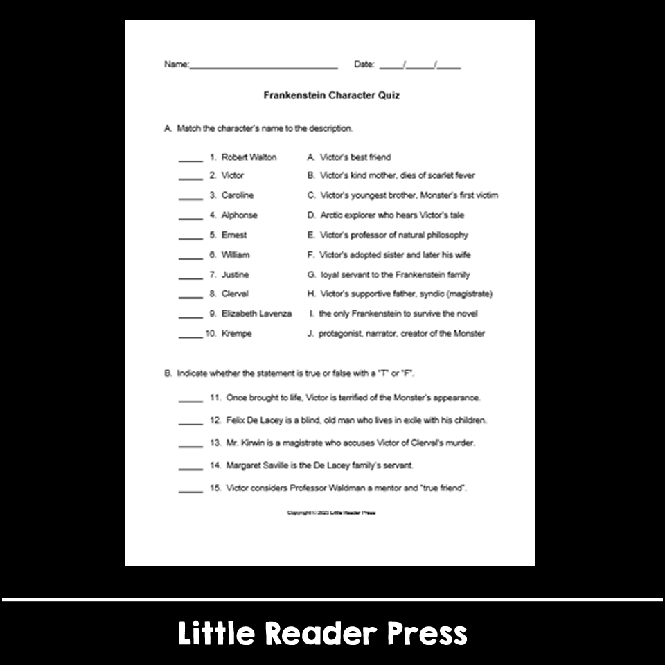 Frankenstein Character Quiz with Answer Key | Made By Teachers