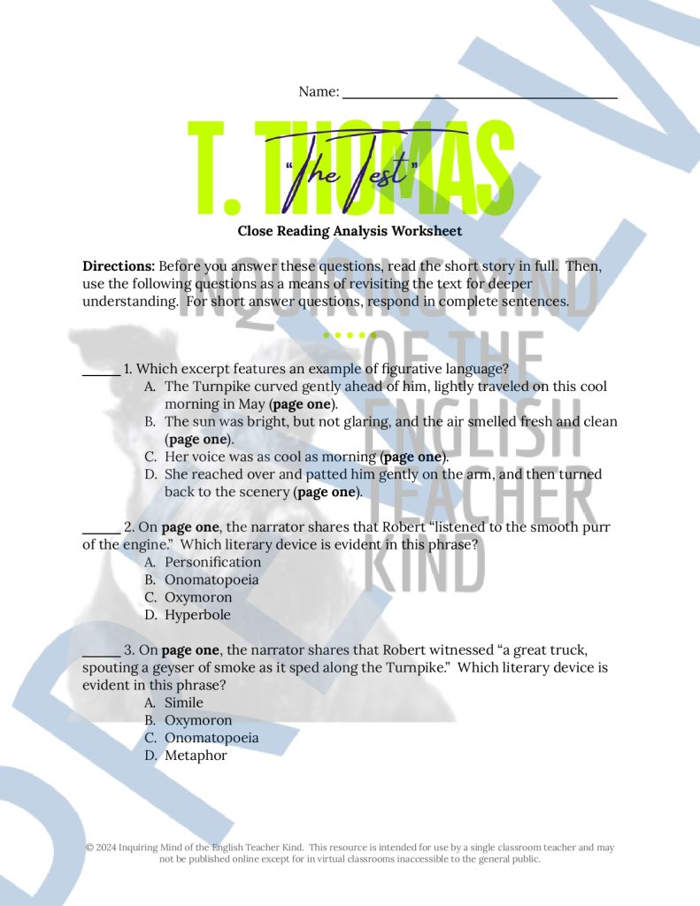 "The Test" by Theodore Thomas Close Reading Analysis Worksheet for High ...