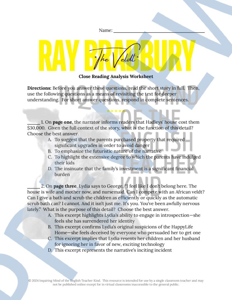 "The Veldt" by Ray Bradbury Close Reading Analysis Worksheet for High ...