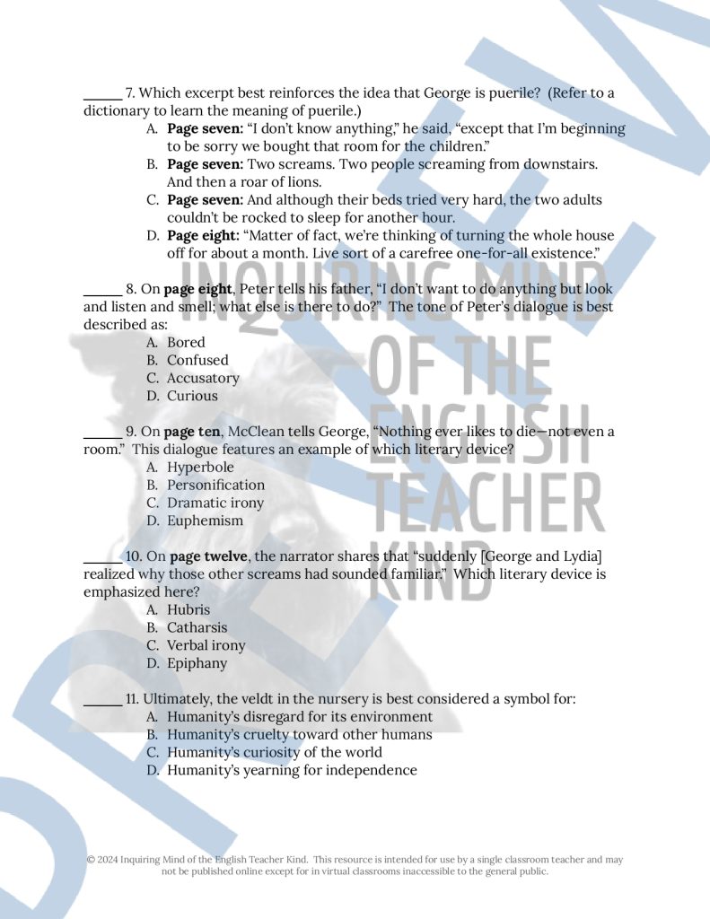 "The Veldt" by Ray Bradbury Close Reading Analysis Worksheet for High ...