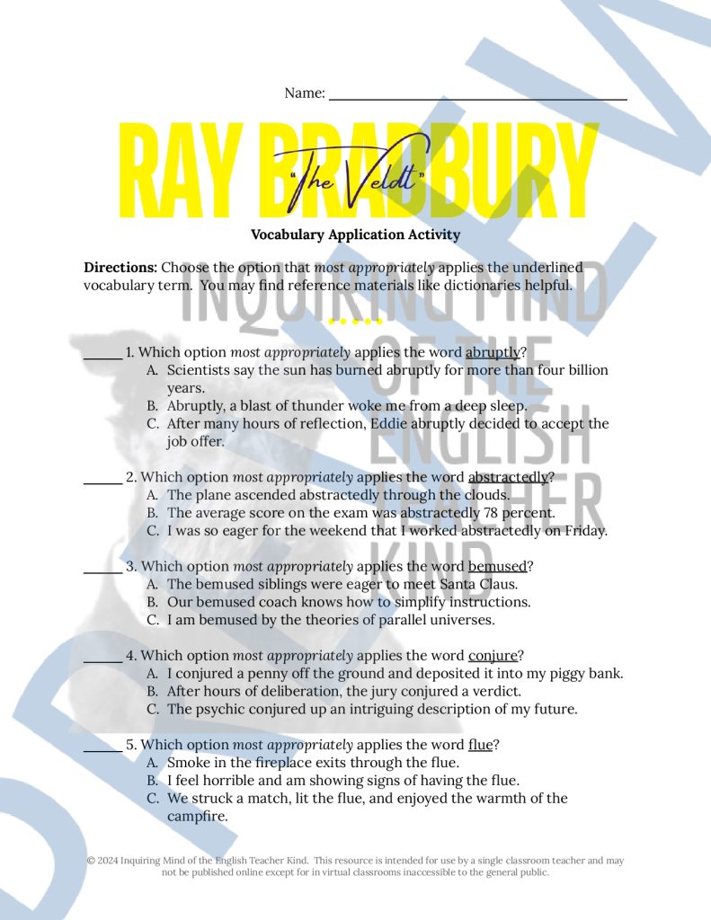 "The Veldt" by Ray Bradbury Quiz, Close Reading Worksheet, and ...