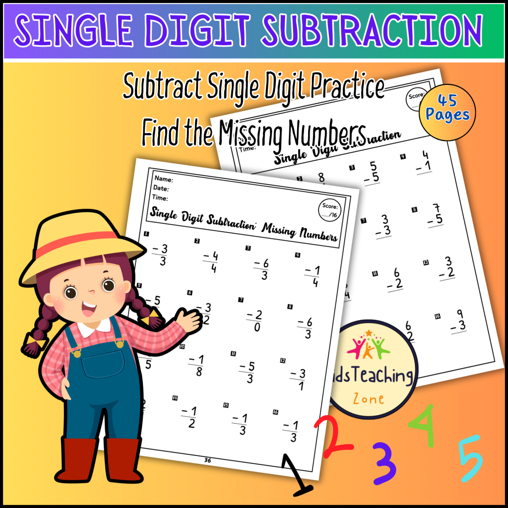 Single Digit Subtraction Worksheets 0 to 9 - Missing Numbers | Made By ...