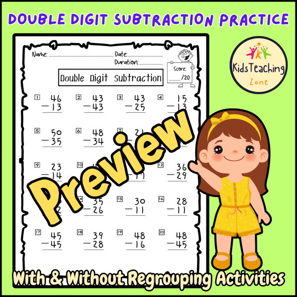 Double Digit Subtraction Worksheets With and Without Regrouping - Made ...