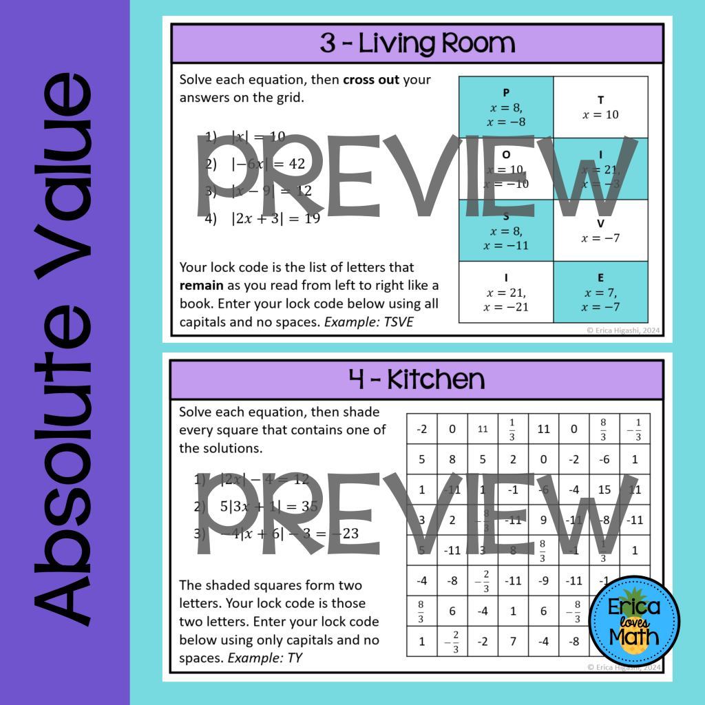 Absolute Value Equations, Inequalities, & Graphs Escape Room Activity ...