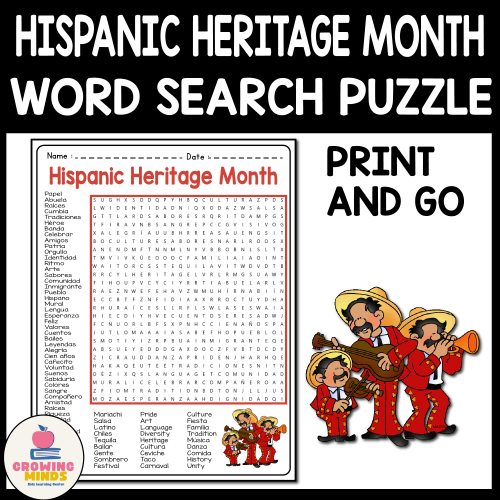 (4th to 7th Grade) Hispanic Heritage Month Word Search Puzzle-Spanich ...