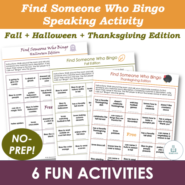 Fall, Halloween & Thanksgiving Find Someone Who Bingo Speaking ...