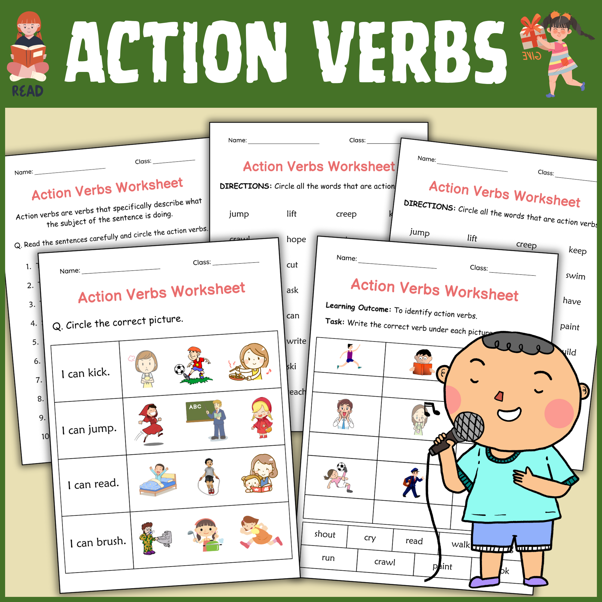 Printable Sentences Action Verbs Grammar Worksheets - Circle the Action ...