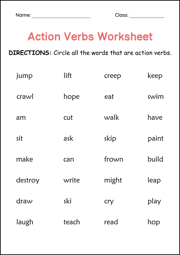 Printable Sentences Action Verbs Grammar Worksheets - Circle the Action ...