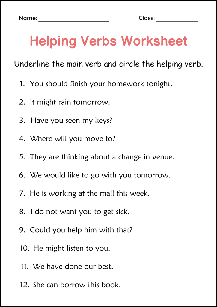 Helping Verbs Grammar Practice Worksheet for Grade 1 - Auxiliary Verbs ...