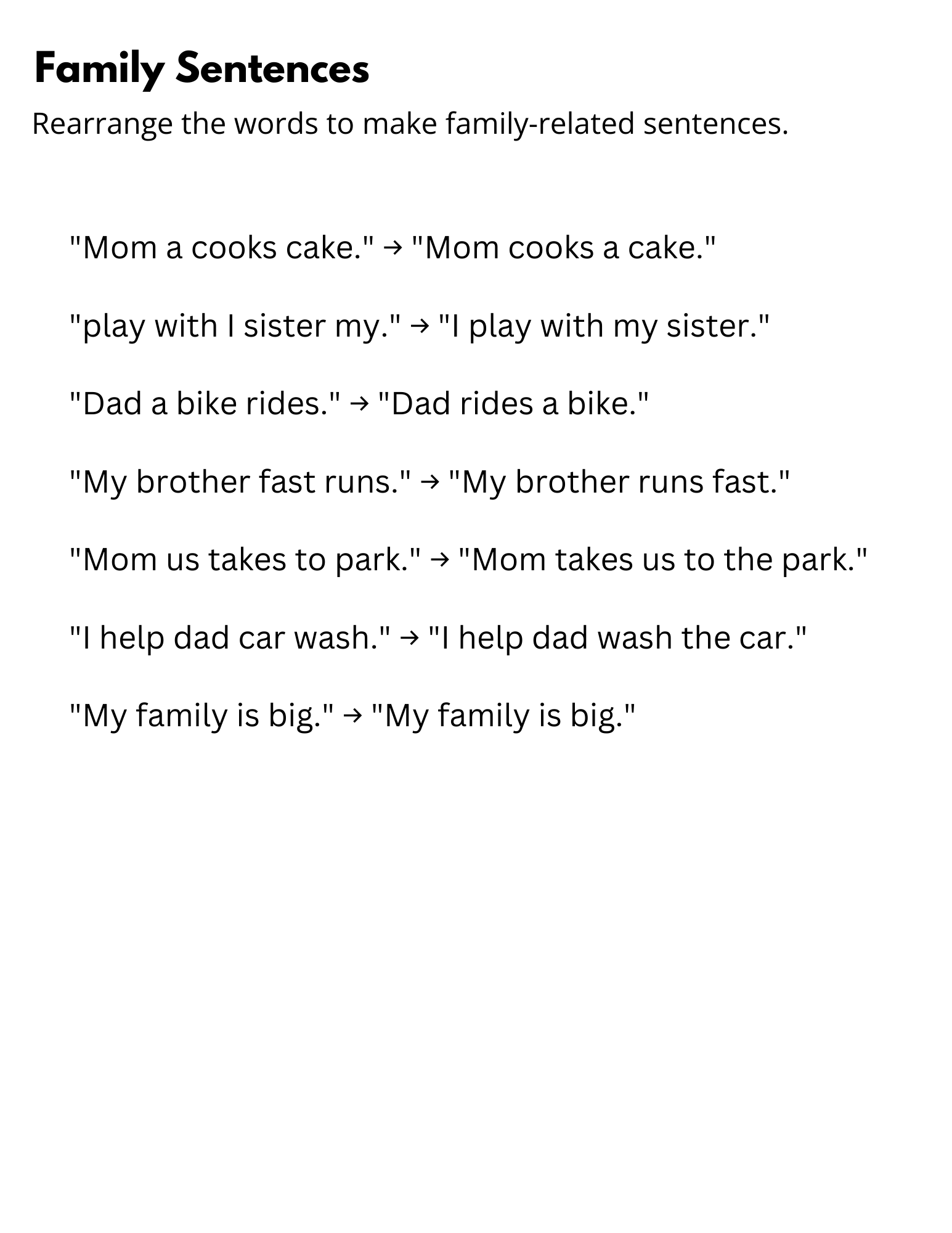 printable simple rearrange sentences worksheet for grade 1 with answers ...