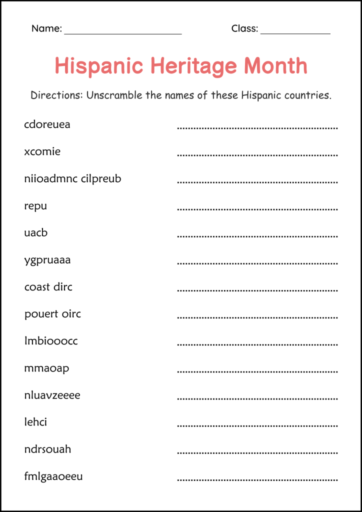 Printable Hispanic Heritage Month Activities - Hispanic Heritage Month ...