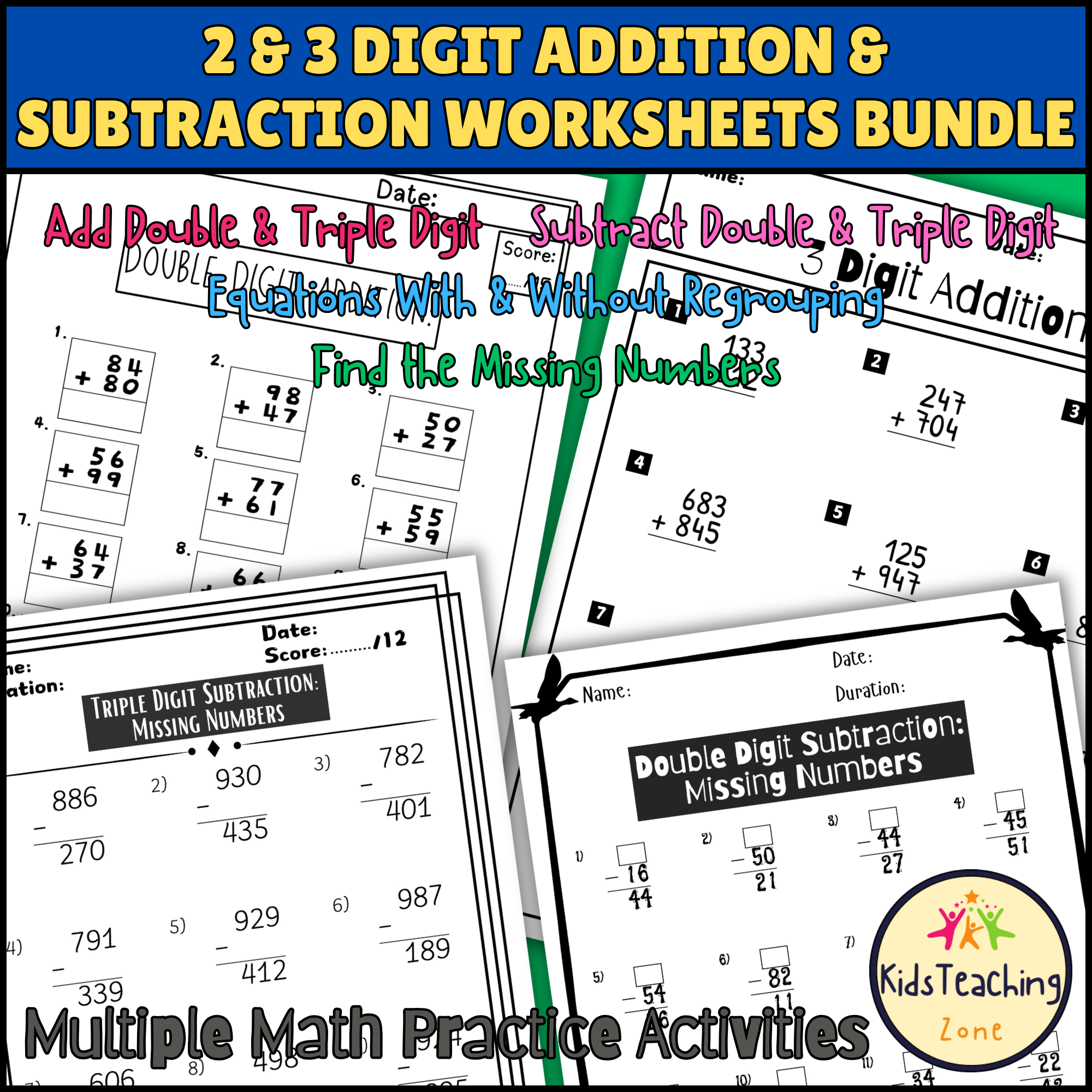 double digit addition and subtraction worksheets with and without ...