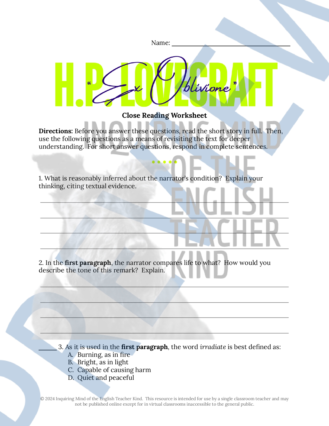"Ex Oblivione" by H.P. Lovecraft Close Reading Analysis Worksheet ...