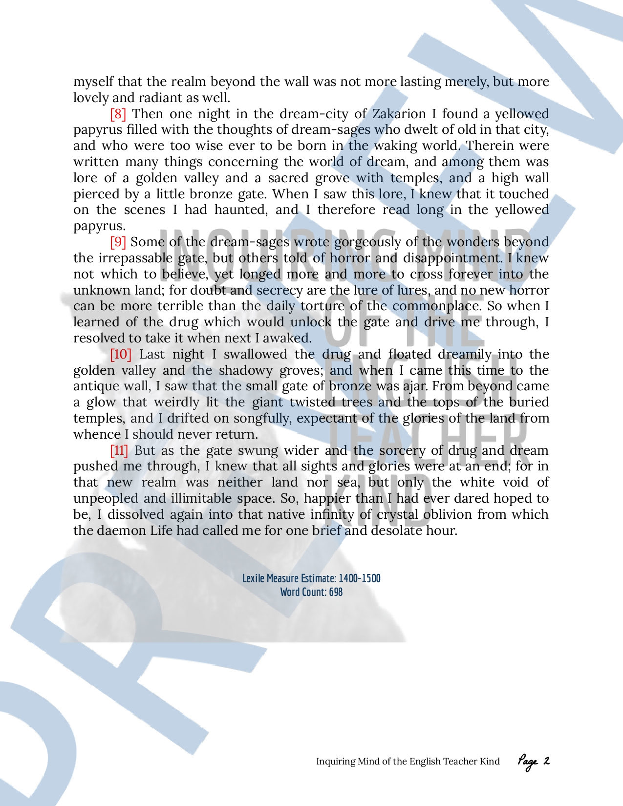 "Ex Oblivione" by H.P. Lovecraft Close Reading Analysis Worksheet ...