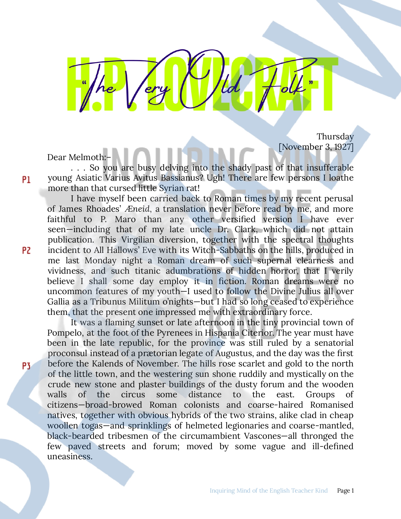 "The Very Old Folk" by H.P. Lovecraft Close Reading Analysis Worksheet ...