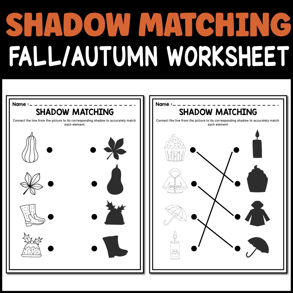 Fall Shadow Matching Connect-the-Line Worksheets Activities - Made By ...