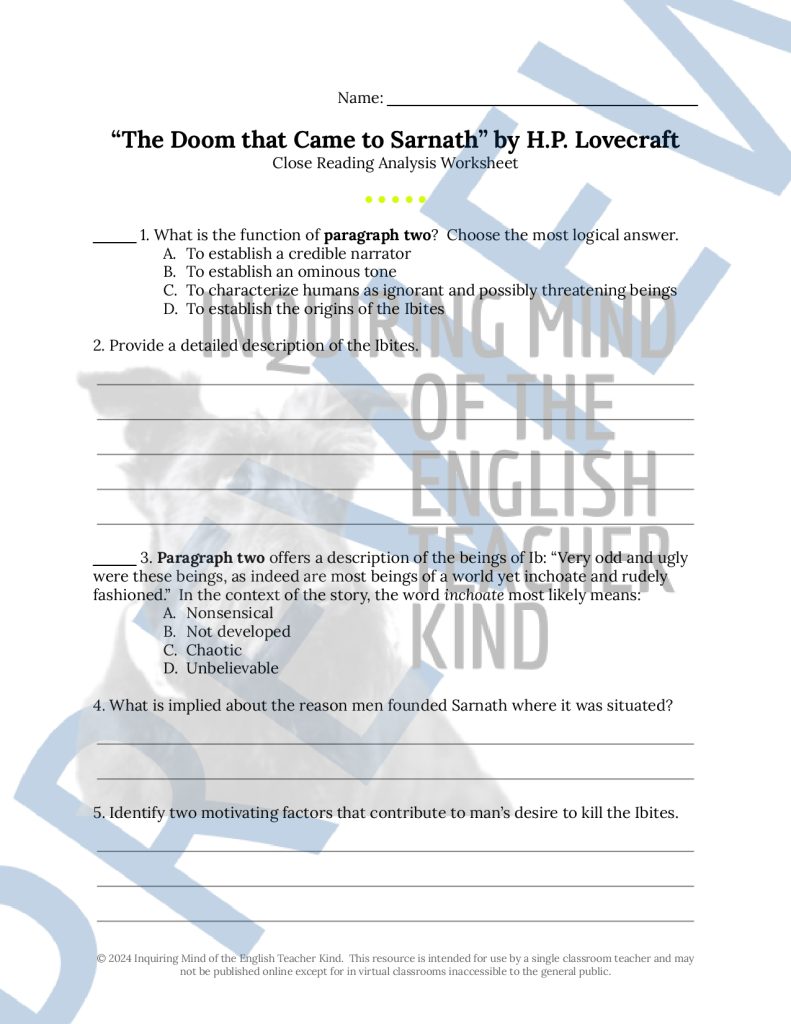 "The Doom that Came to Sarnath" by H.P. Lovecraft Quiz and Close ...