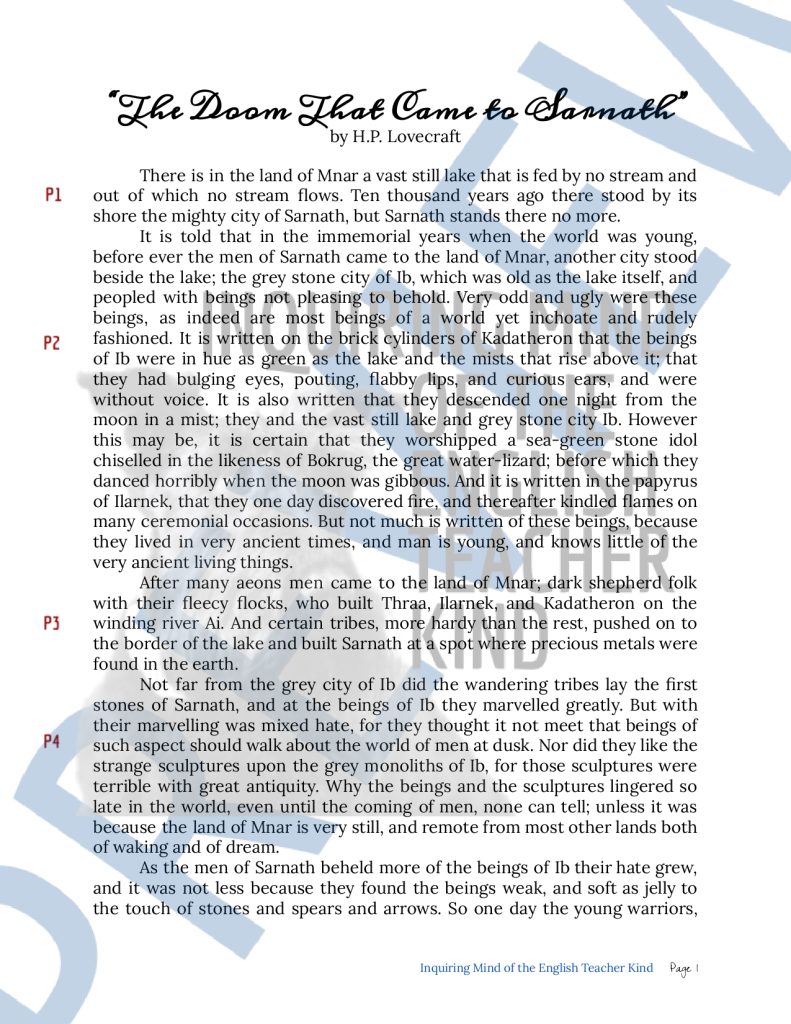 "The Doom that Came to Sarnath" by H.P. Lovecraft Quiz and Close ...