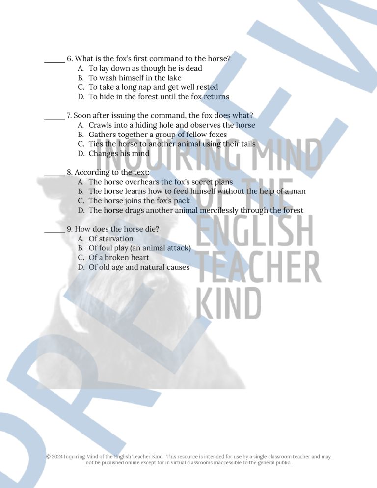 "The Fox and the Horse" by the Brothers Grimm Quiz and Close Reading ...