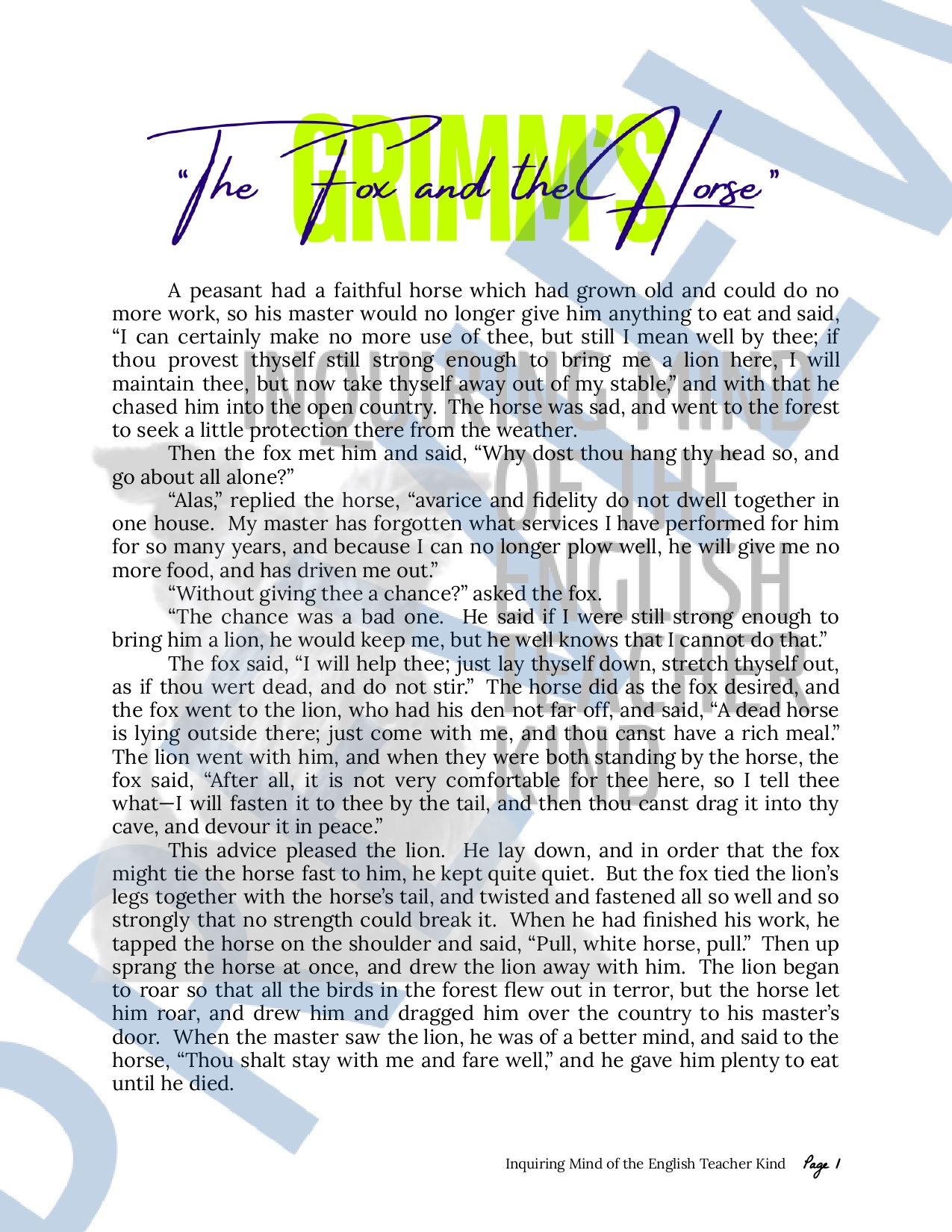 "The Fox and the Horse" by the Brothers Grimm Quiz and Close Reading ...