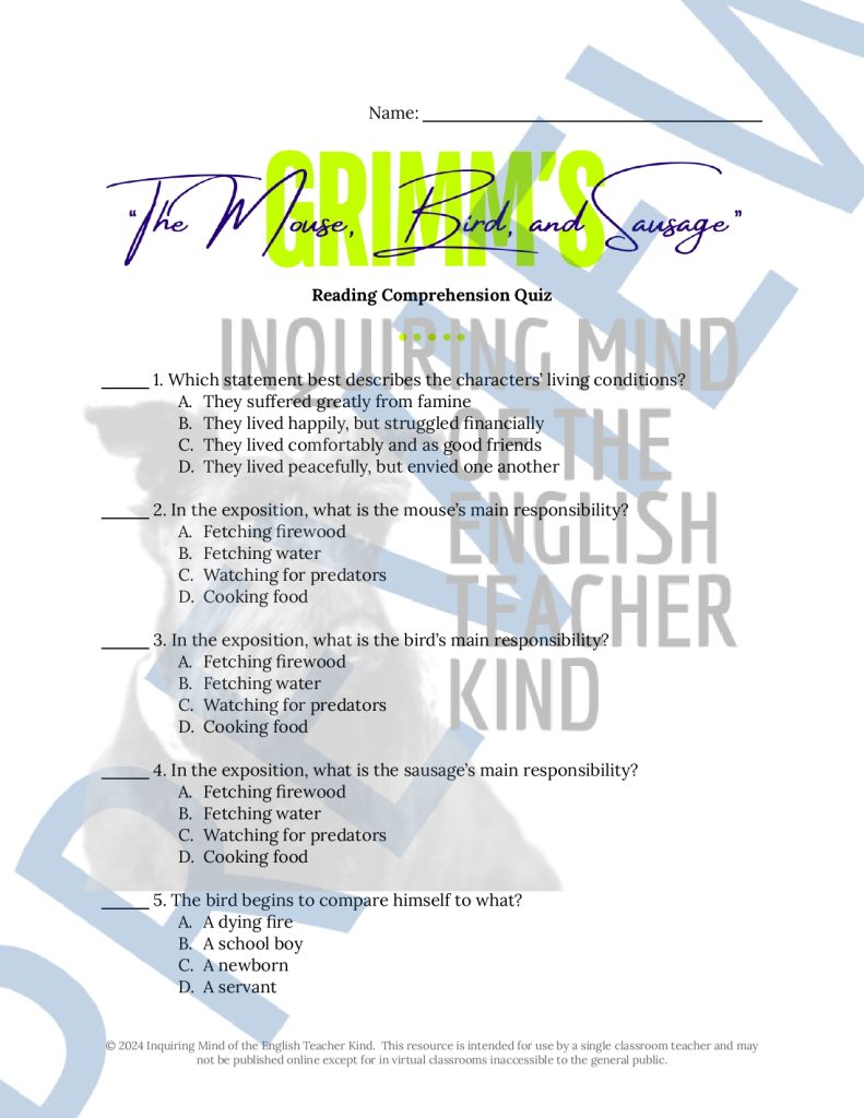 "The Mouse, the Bird, and the Sausage" by the Brothers Grimm Quiz and ...