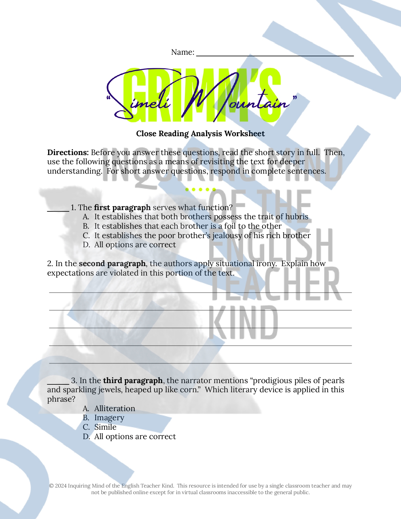 "Simeli Mountain" by the Brothers Grimm Quiz, Close Reading, and ...