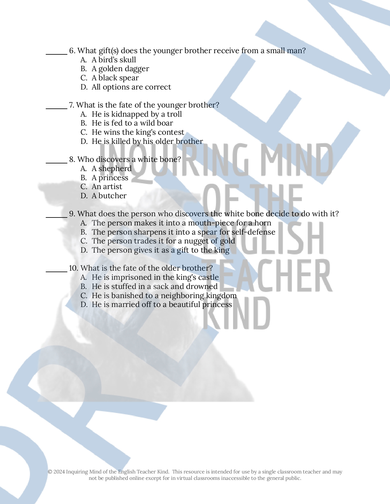 "The Singing Bone" by the Brothers Grimm Quiz, Close Reading Worksheet ...