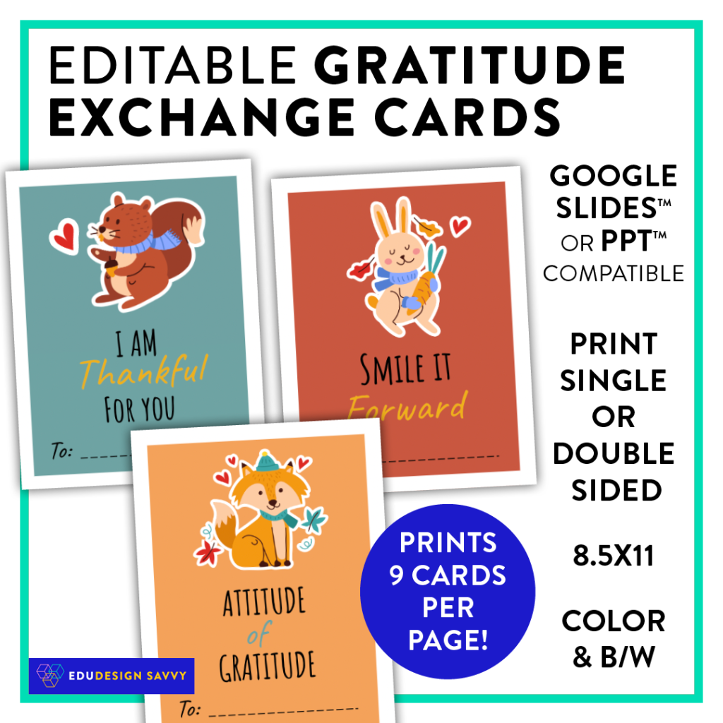 Editable Thanksgiving Gratitude Exchange Card Activity - 9 cards per ...