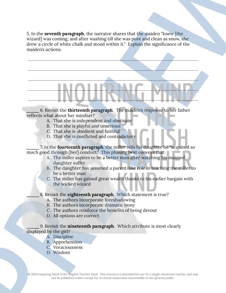 "The Girl Without Hands" Quiz, Close Reading Worksheet, and Vocabulary ...