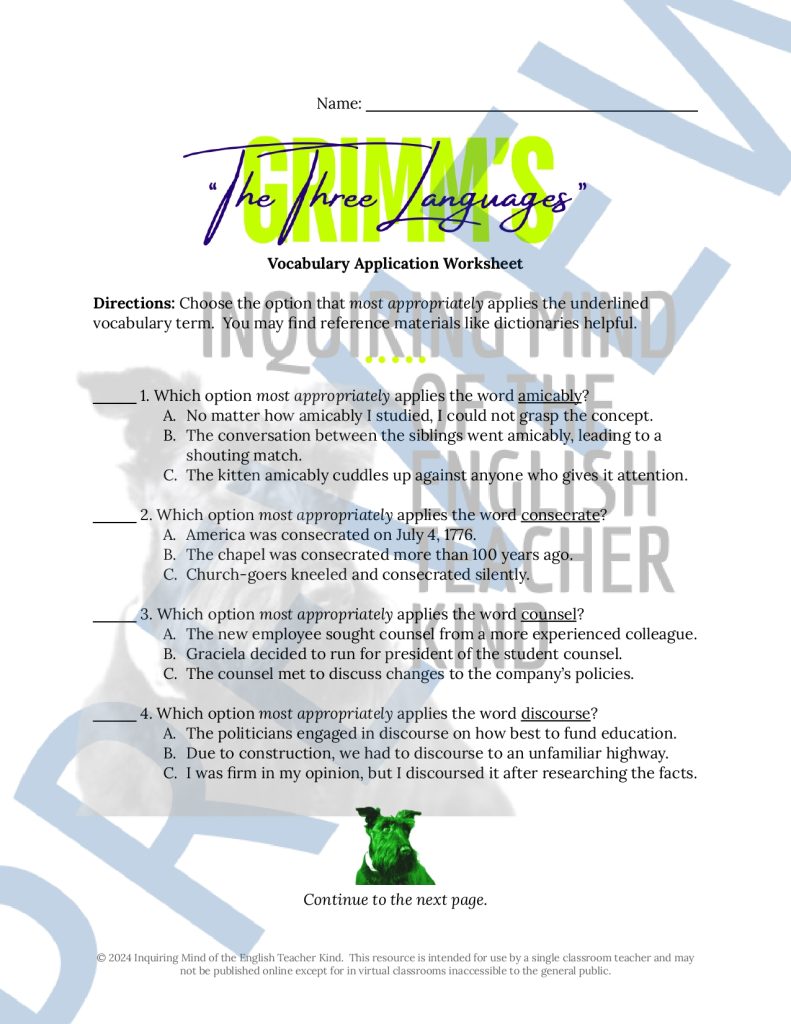 "The Three Languages" by the Brothers Grimm Vocabulary Games (Fairy ...