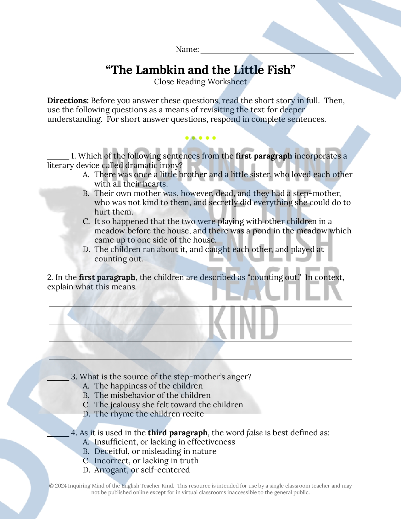"The Lambkin and the Little Fish" Close Reading Worksheet (Grimm's ...