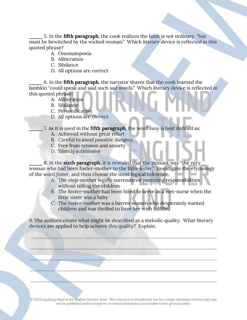 "The Lambkin and the Little Fish" Close Reading Worksheet (Grimm's ...