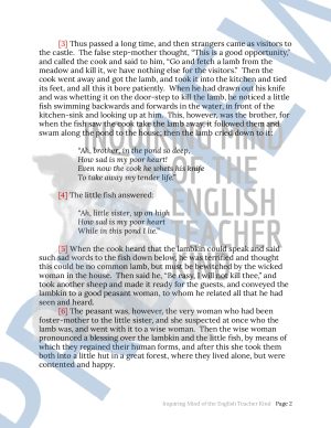 "The Lambkin and the Little Fish" Close Reading Worksheet (Grimm's ...