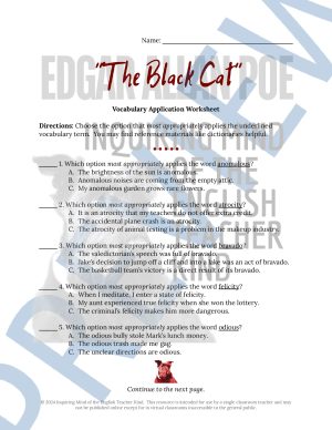 "The Black Cat" by Edgar Allan Poe Vocabulary Games for High School ...