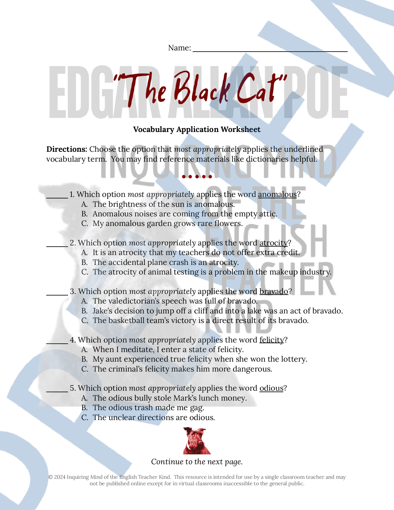 "The Black Cat" by Edgar Allan Poe Vocabulary Games for High School ...
