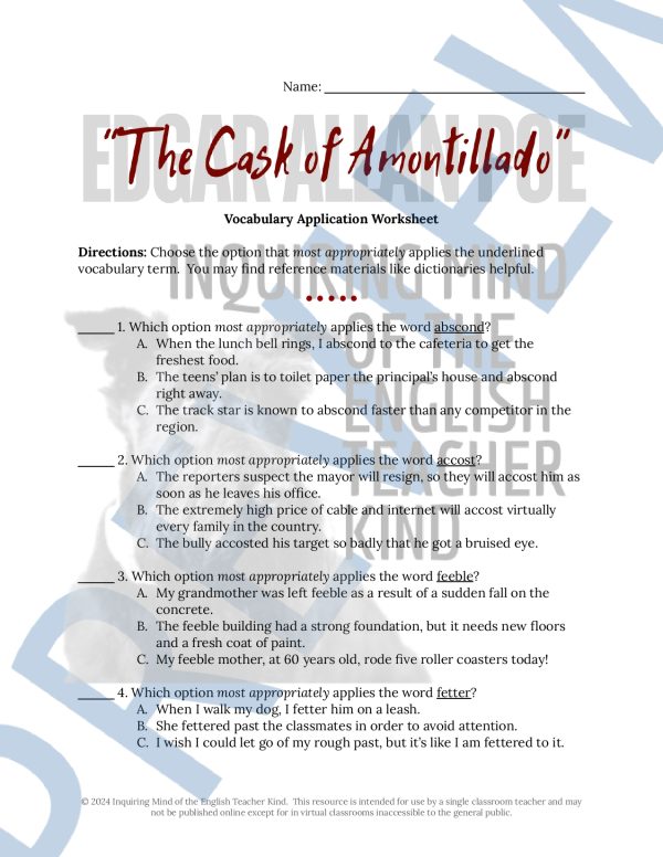 "The Cask of Amontillado" by Edgar Allan Poe Vocabulary Games and ...