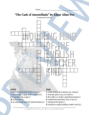 "The Cask of Amontillado" by Edgar Allan Poe Vocabulary Games and ...