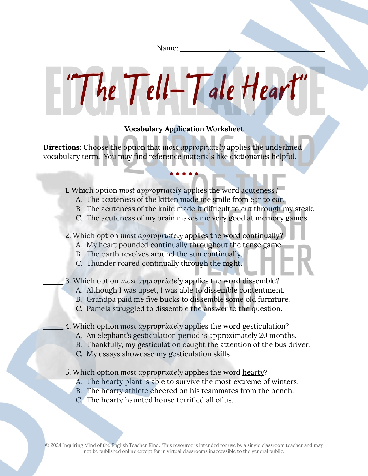 "The Tell Tale Heart" Quiz, Close Reading Activities, and Vocabulary ...