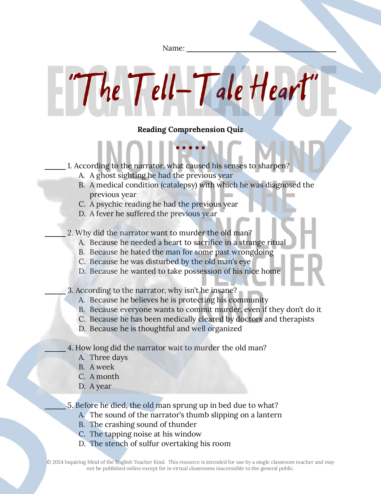 "The Tell Tale Heart" Quiz, Close Reading Activities, and Vocabulary ...